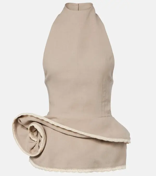 Magda Butrym Peplum Floral-appliqué Linen Top - Beige
