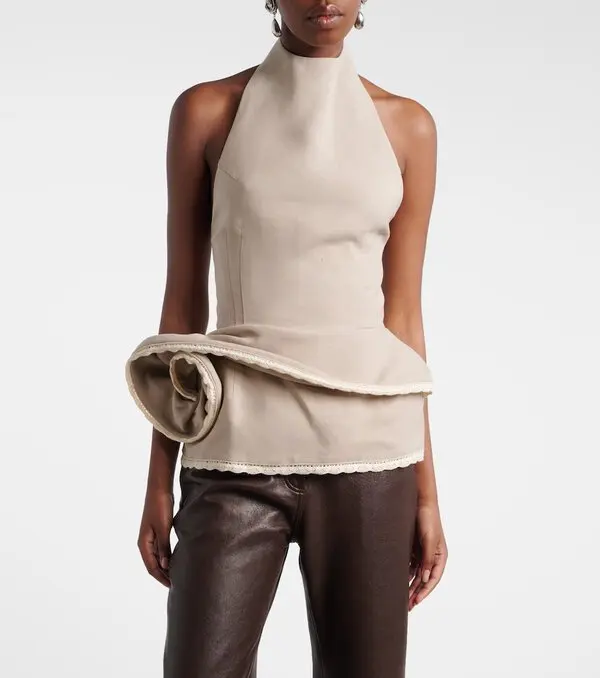 Magda Butrym Peplum Floral-appliqué Linen Top - Beige