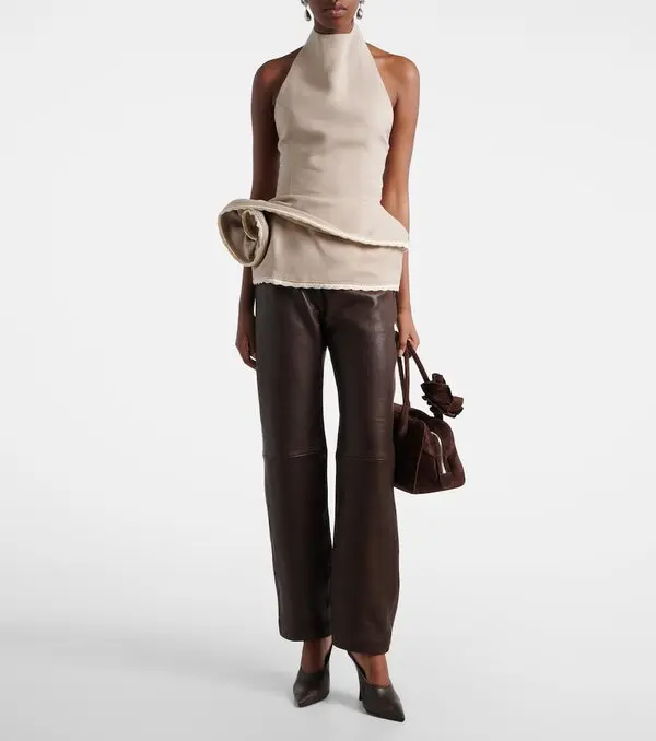 Magda Butrym Peplum Floral-appliqué Linen Top - Beige