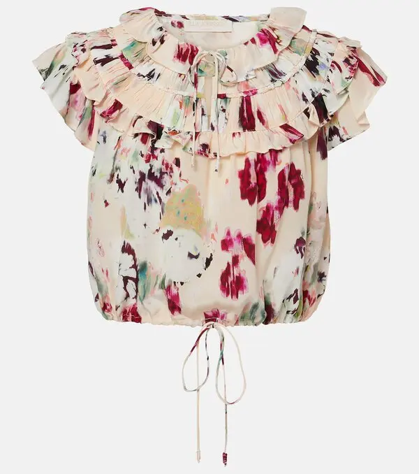 Ulla Johnson Eleonore Floral Ruffled Silk Crop Top - Pink