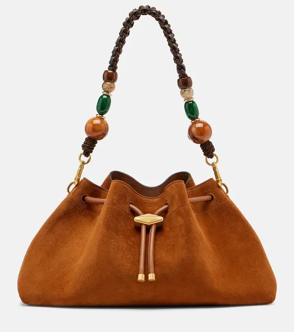 JIMMY CHOO Bon Bon Medium Beaded Suede Bucket Bag - Brown