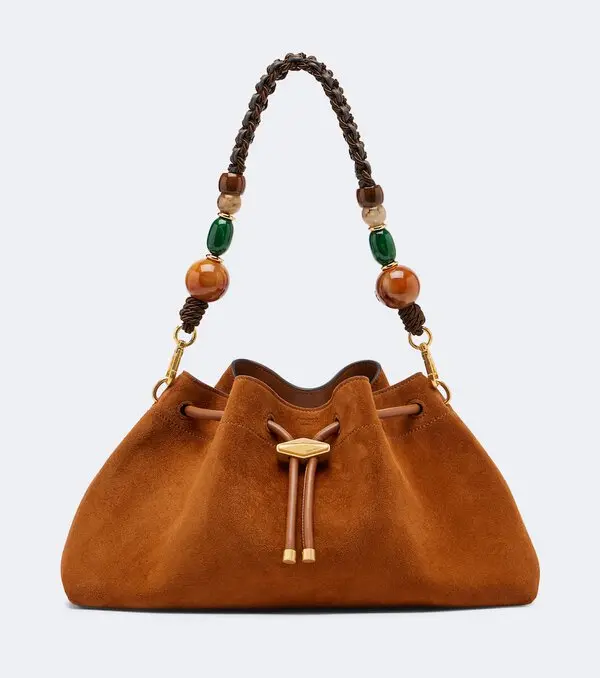JIMMY CHOO Cinch Medium Beaded Suede Bucket Bag - Chestnut