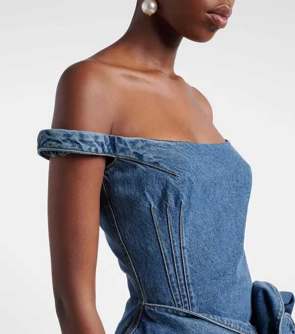 Magda Butrym Off-shoulder Denim Dress With Floral Appliqu