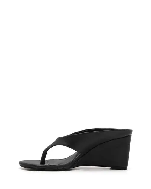 THERAPY AUSTRALIA Sera Wedge Thong Heel Sandals - Black Smooth Pu