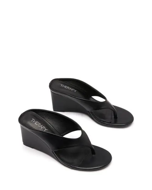 THERAPY AUSTRALIA Sera Wedge Thong Heel Sandals - Black Smooth Pu