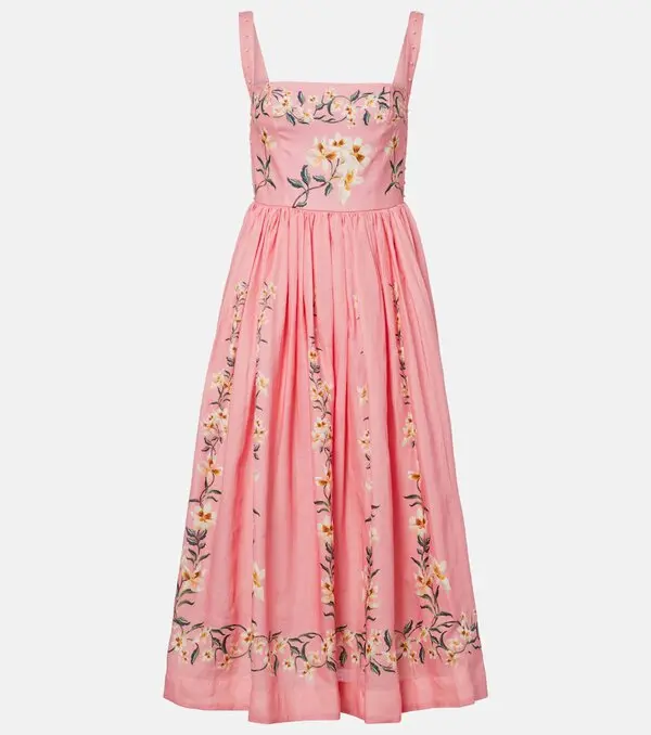 Agua Bendita Mielero Floral Linen Midi Dress - Pink