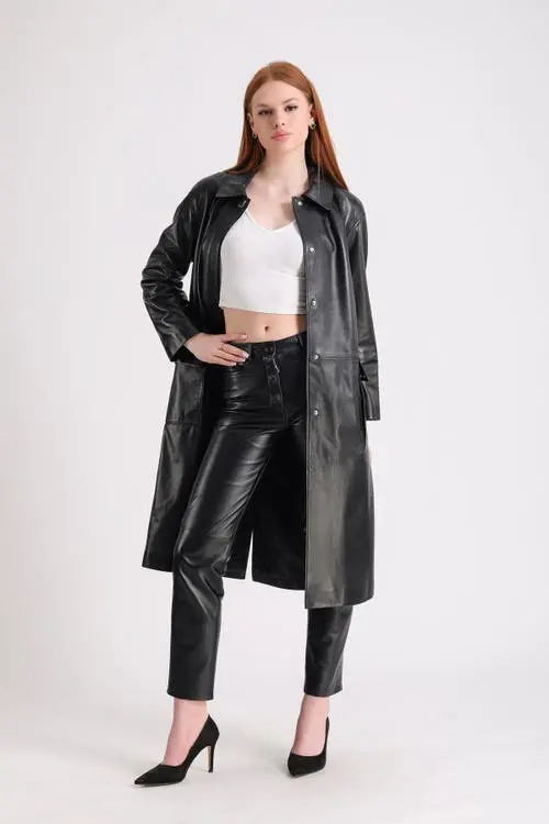 FURNIQ UK Pimlico Leather Trench Coat - Black