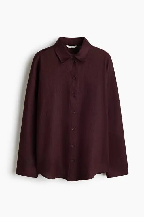 H&m Oversized Linen Shirt - Dark Brown