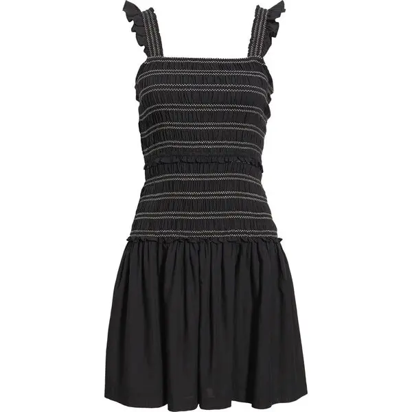 Treasure & Bond Ruffle Smocked Drop Waist Cotton Blend Minidress - Black