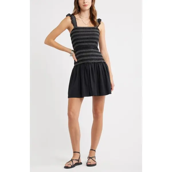 Treasure & Bond Ruffle Smocked Drop Waist Cotton Blend Mini Dress - Black