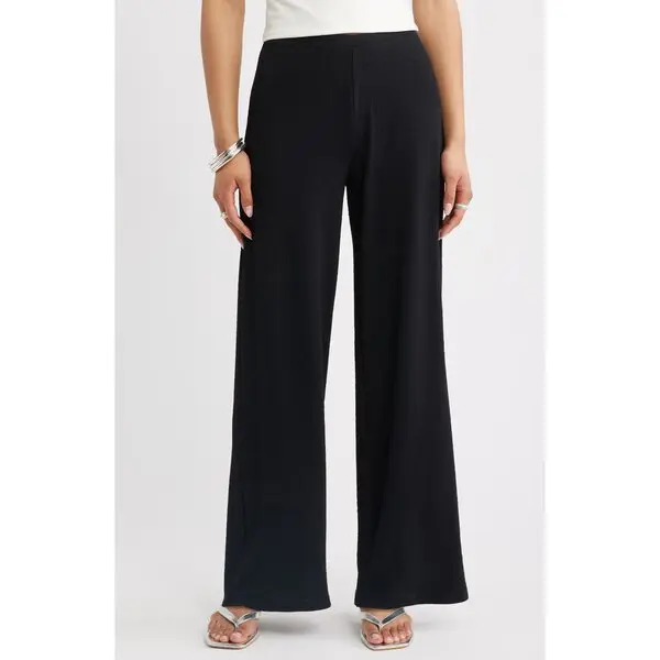 OPEN EDIT Puckered Crepe Wide Leg Pants - Black