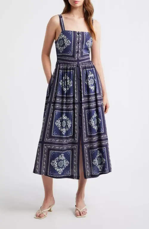 ZOE AND CLAIRE Grid Print Sleeveless Cotton & Linen Midi Dress - Navy