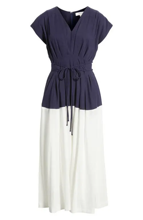 ZOE AND CLAIRE Colorblock Pleat Tie Belt Dress