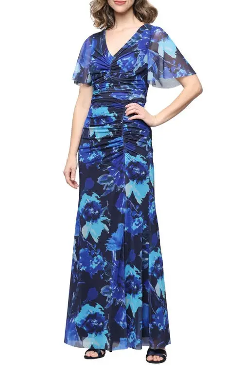 SL FASHIONS Floral Print Ruched Maxi Dress - Blue/multi