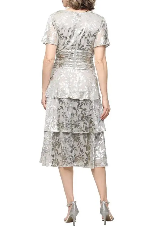 SL FASHIONS Metallic Layered Ruffle V-neck Dress