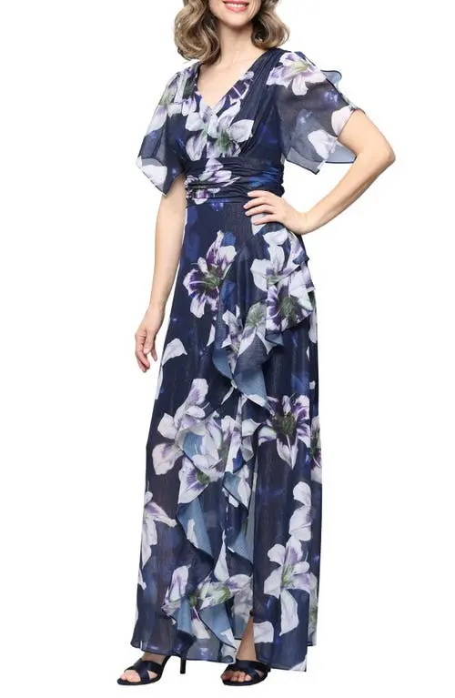 SL FASHIONS Metallic Floral Print Chiffon Dress - Navy Multi