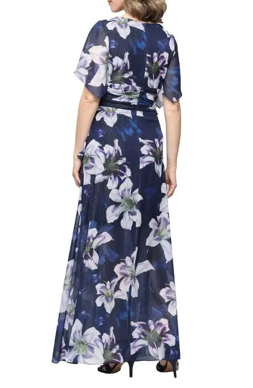 SL FASHIONS Metallic Floral Print Chiffon Dress