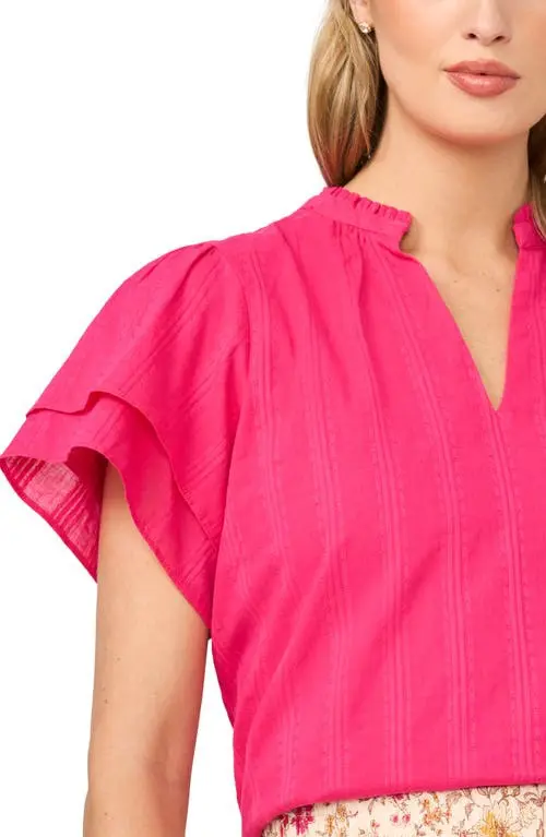 Halogen Ruffle Neck Flutter Sleeve Cotton Top - Pink Peacock