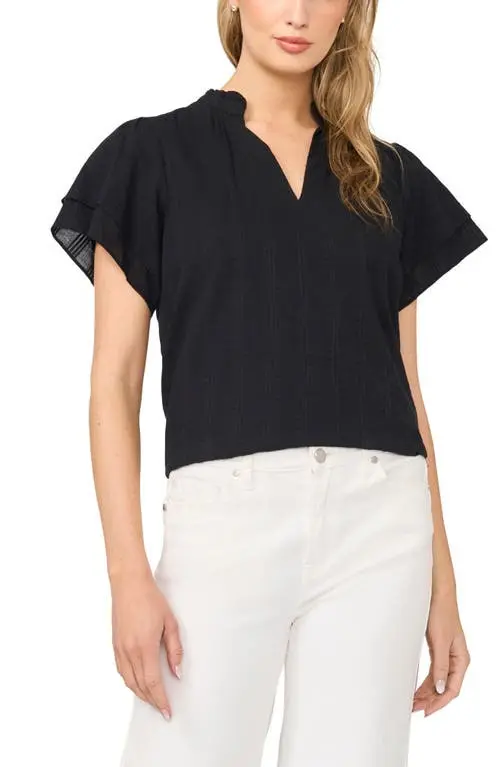 Halogen Ruffle Neck Flutter Sleeve Cotton Top - Rich Black