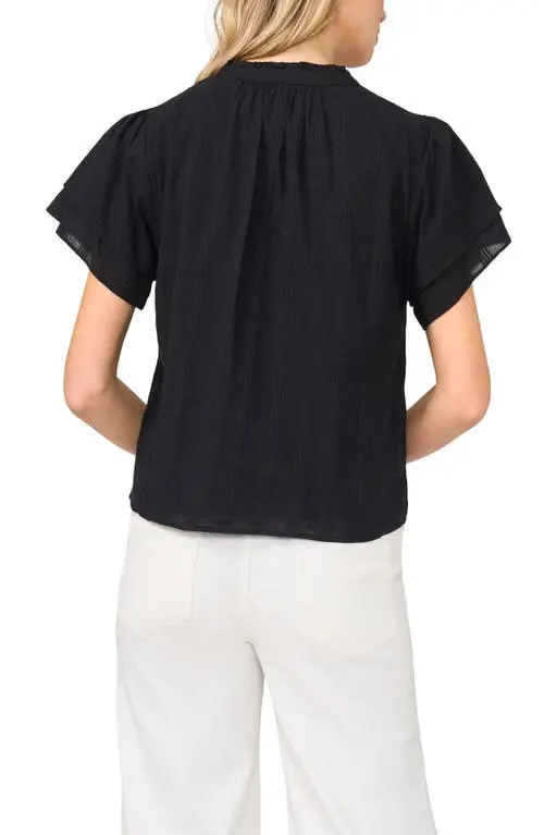 Halogen Ruffle Neck Flutter Sleeve Cotton Top - Rich Black