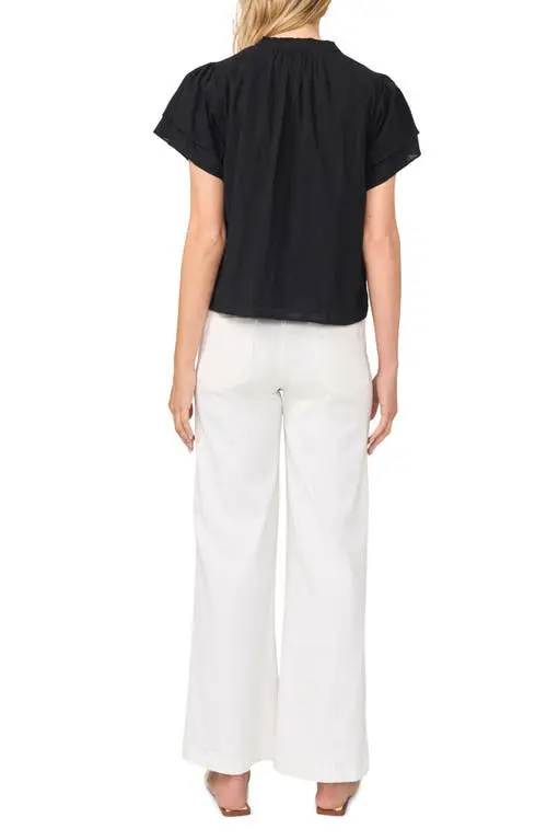 Halogen Ruffle Neck Flutter Sleeve Cotton Top - Rich Black