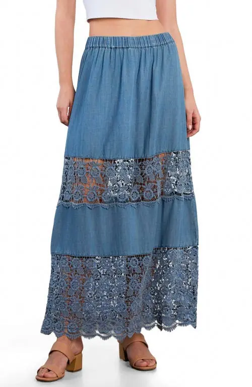 WASH LAB DENIM Lace Trim Maxi Skirt - Denim Dusk