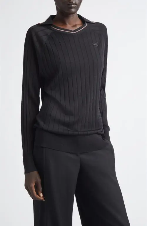WALES BONNER Roots Long Sleeve Rib Polo - Black
