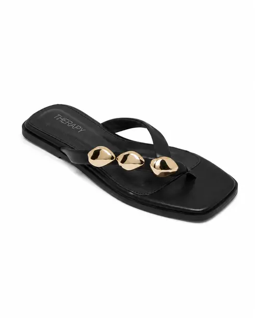 THERAPY AUSTRALIA Guise Square Toe Thong Sandal With Gold Embellishments - Black Smooth Pu