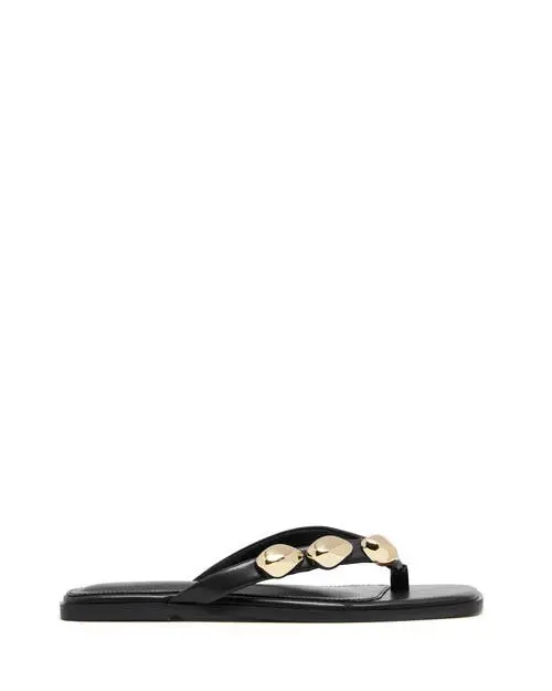 THERAPY AUSTRALIA Guise Square Toe Thong Sandal With Gold Embellishments - Black Smooth Pu