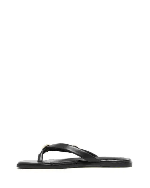 THERAPY AUSTRALIA Guise Square Toe Thong Sandal With Gold Embellishments - Black Smooth Pu