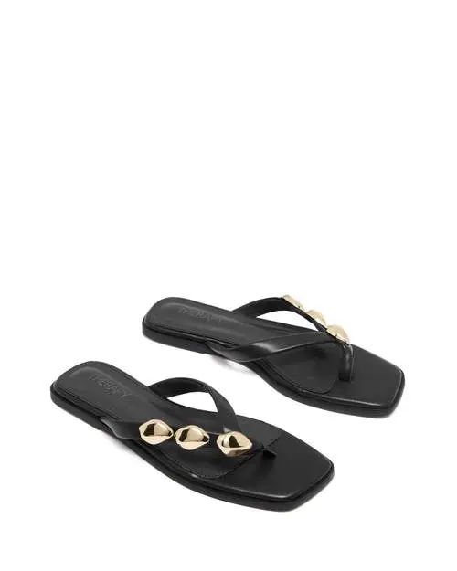 THERAPY AUSTRALIA Guise Square Toe Thong Sandal With Gold Embellishments - Black Smooth Pu