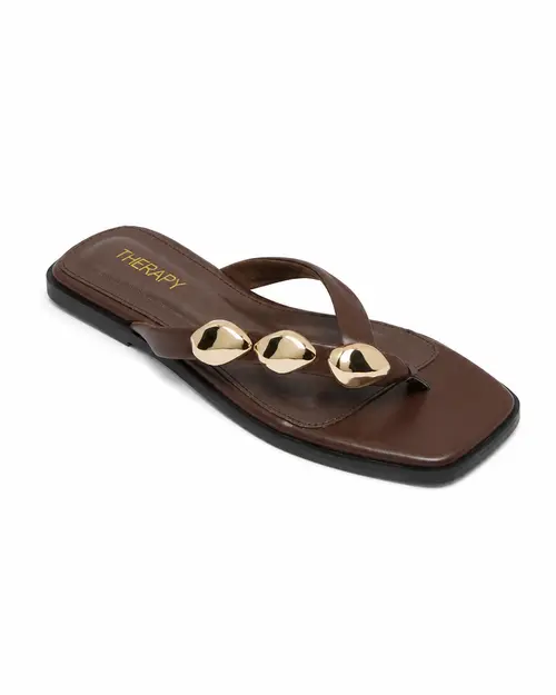 THERAPY AUSTRALIA Guise Square Toe Thong Sandal With Gold Embellishments - Chocolate Smooth Pu