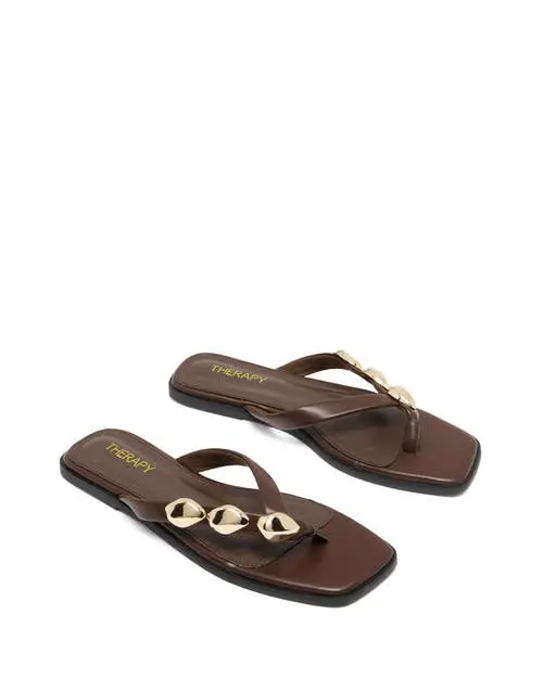 THERAPY AUSTRALIA Guise Square Toe Thong Sandal With Gold Embellishments - Chocolate Smooth Pu