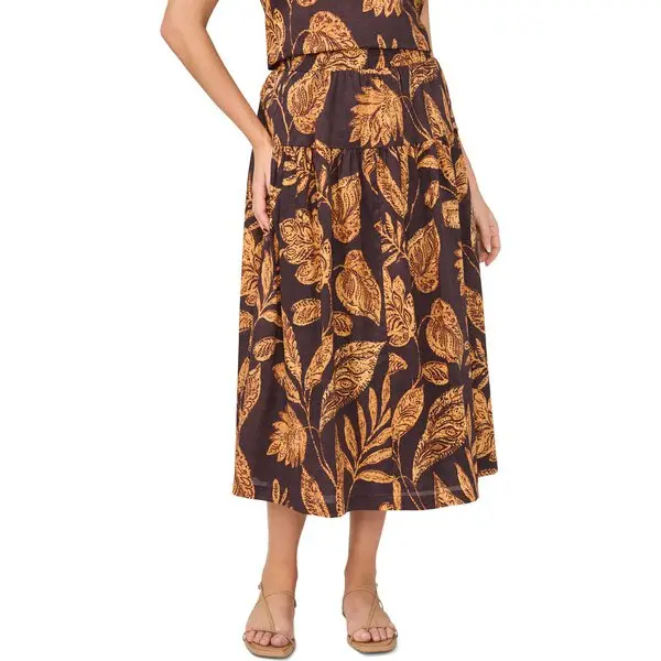 Halogen Tiered Printed Cotton Midi Skirt - Rum Raisin
