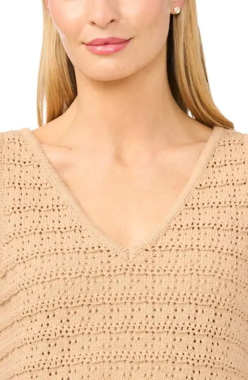 Halogen Openwork Sleeveless V-neck Sweater - Sesame