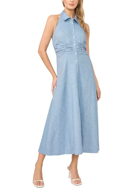 Halogen Button-up Cotton & Linen Blend Halter Shirtdress - Medium Chambray