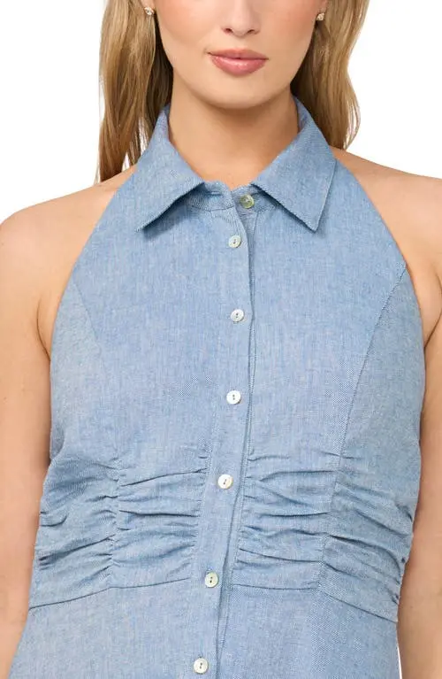 Halogen Button-up Cotton & Linen Blend Halter Shirtdress