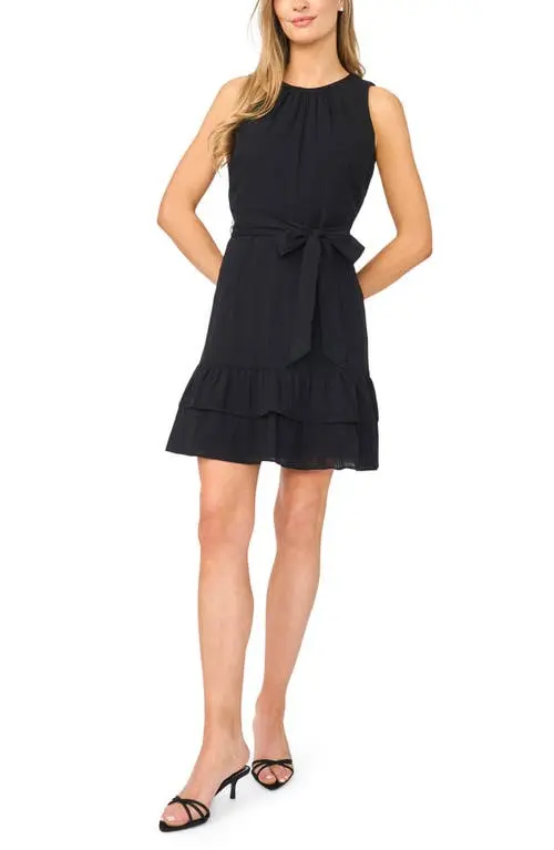 Halogen Ruffle Hem Sleeveless Tie Waist Mini Dress - Rich Black
