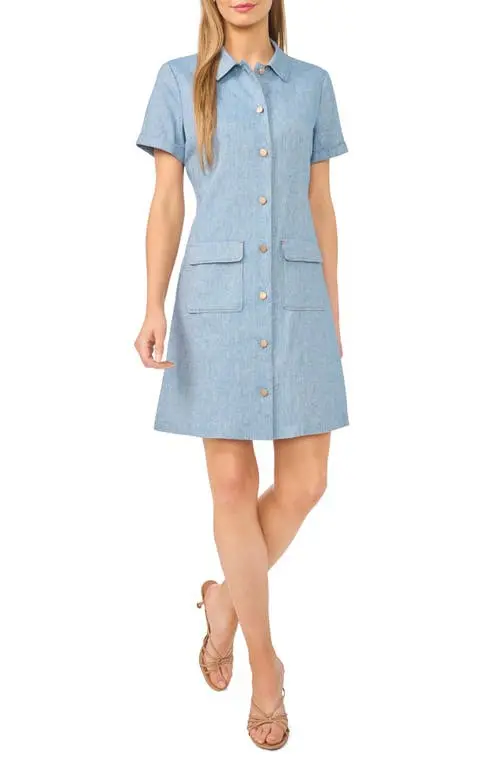 Halogen Chambray Cotton & Linen Blend Shirtdress - Medium Chambray