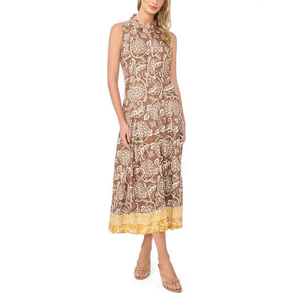 Halogen Sleeveless Floral Print Linen-blend Shirt Dress - Cafe