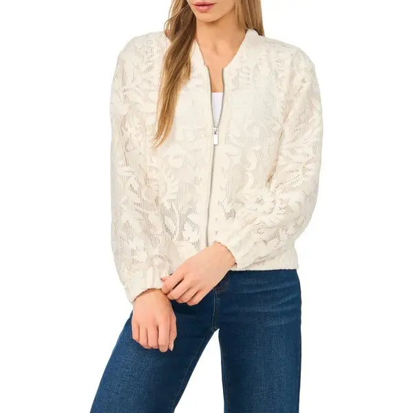 Halogen Floral Lace Knit Bomber Jacket