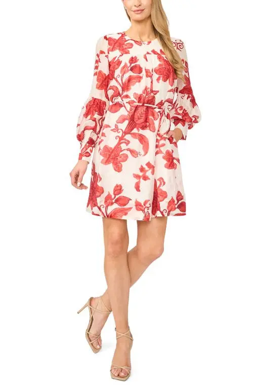 Halogen Floral Balloon Sleeve Dress - Lava Red
