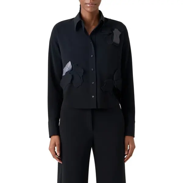 Akris Laser Cut Flower Embellished Crepe Shirt - Black