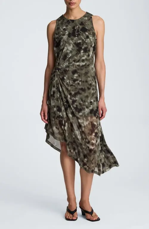 KENNETH COLE Print Sleeveless Asymmetric Midi Dress - Turtle Green Multi