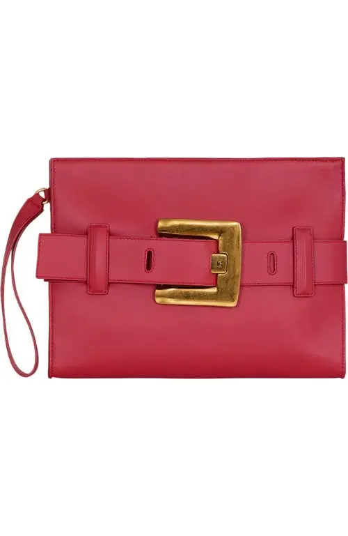 Balmain Anthem Leather Clutch With Gold Buckle - Red