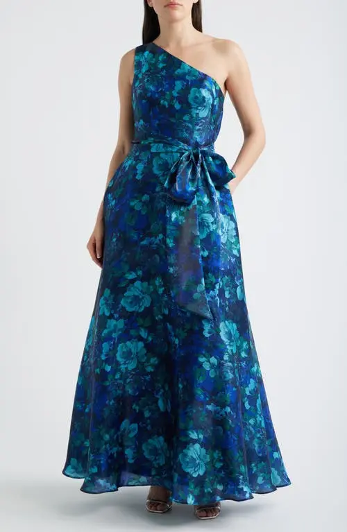 Eliza J Print Tie Waist One-shoulder Gown - Navy Cobalt