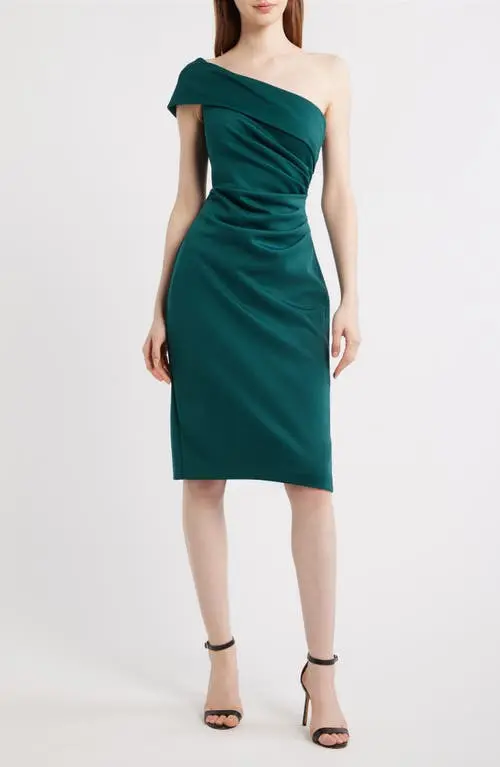 Eliza J One-shoulder Ruched Satin Cocktail Dress - Pine