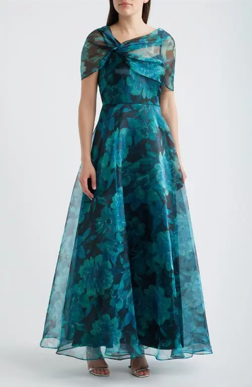 Eliza J Floral Shoulder Overlay Ballgown - Teal