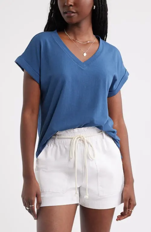 Caslon Roll Cuff V-neck T-shirt - Navy Denim