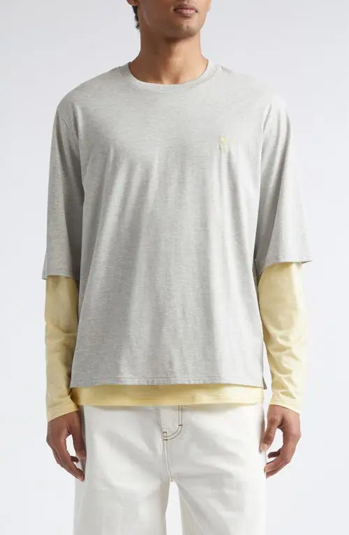 Ami De Coeur Embroidered Layered Long Sleeve Cotton T-shirt - Gris Chine Clair/jaune